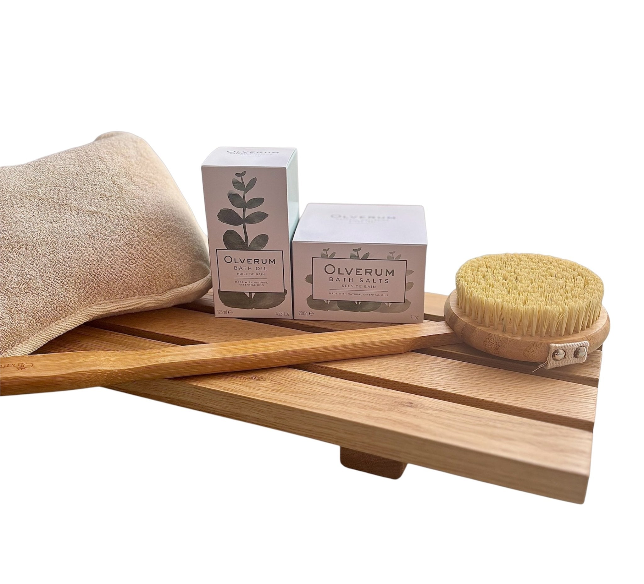 Luxury Oak Bath Tray Bundle | Includes Bath Pillow, Dry Brush, Olverum ...